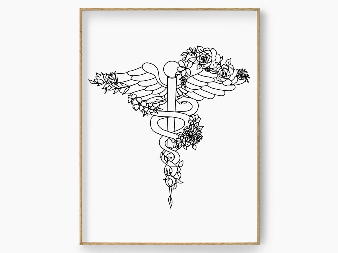 Minimal Botanical Caduceus Wall Art, Floral Nurse Gift Idea, Doctor ...