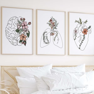 Floral Medical Poster Set of 3, Flower Anatomy Art Print Set, Brain ...