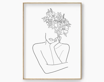 Female Line Art Female Face Illustration Floral Line Art - Etsy