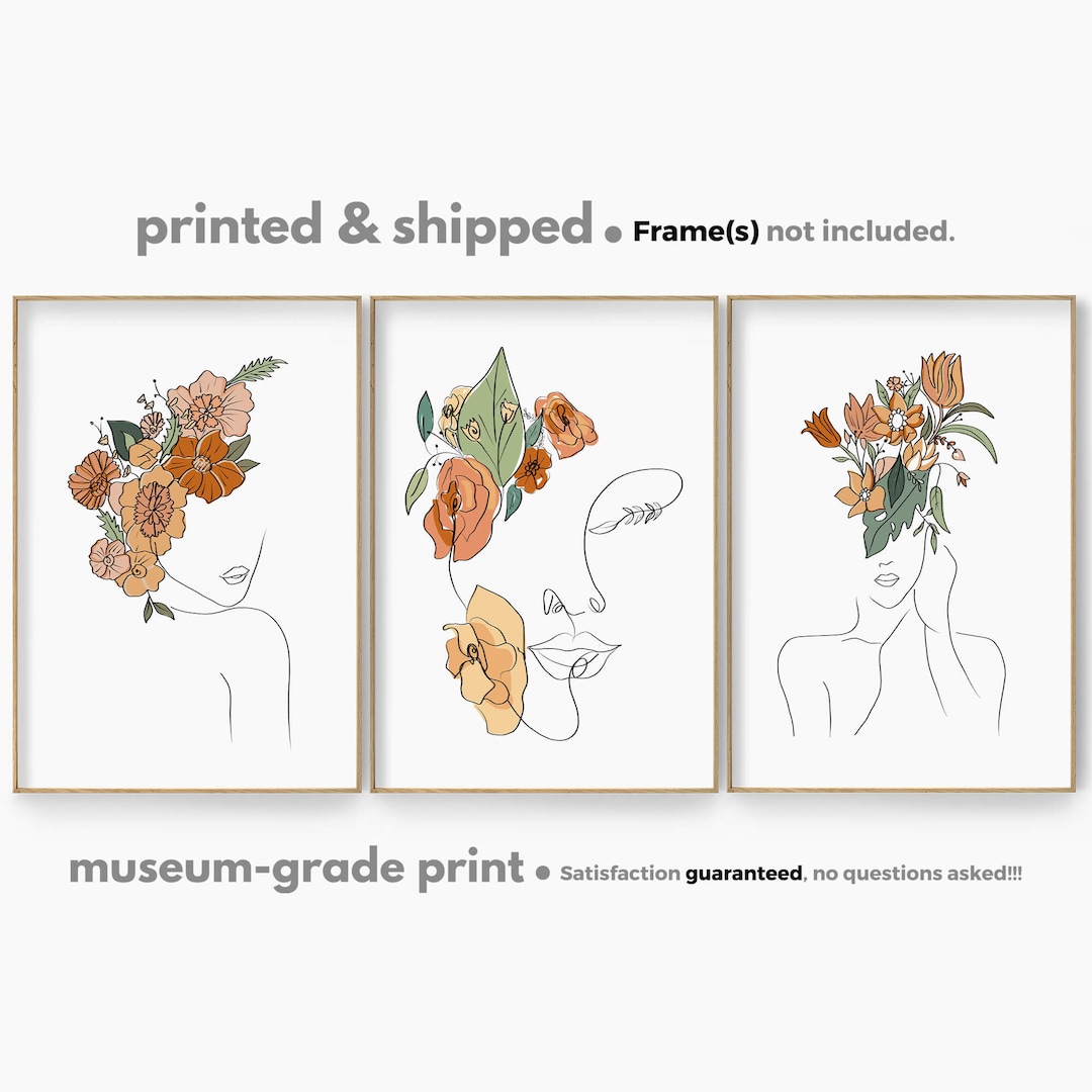 Flower Woman Line Art Set, Floral Woman Line Draw, Woman Wall Art ...
