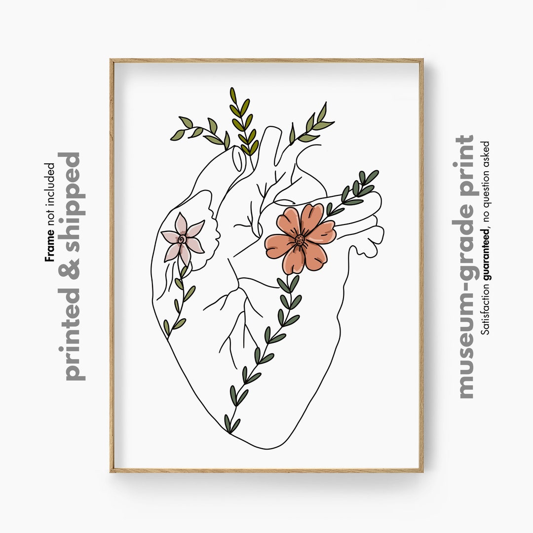 Floral Heart Line Art Print, Anatomy Wall Art, Human Heart Poster ...