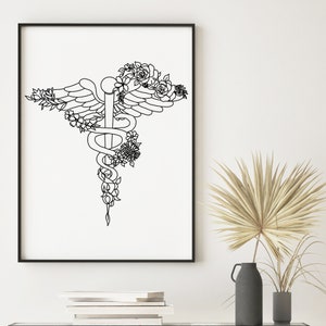 Minimal Botanical Caduceus Wall Art, Floral Nurse Gift Idea, Doctor ...