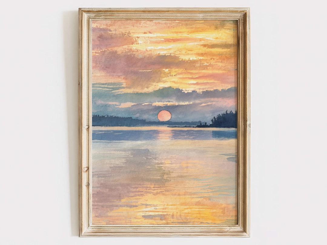 Watercolor Sunset Print, Muted Sunset Landscape Art, Vintage Print ...