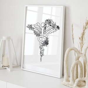 Minimal Botanical Caduceus Wall Art, Floral Nurse Gift Idea, Doctor ...