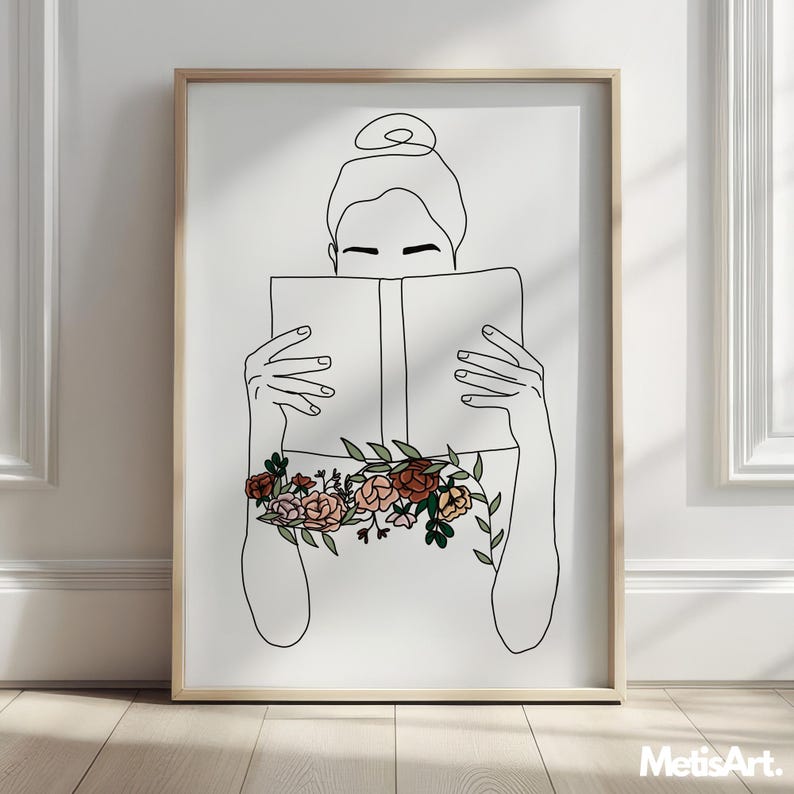 Floral Book Lover Line Art - Minimalist Reading Woman Art Poster - Etsy