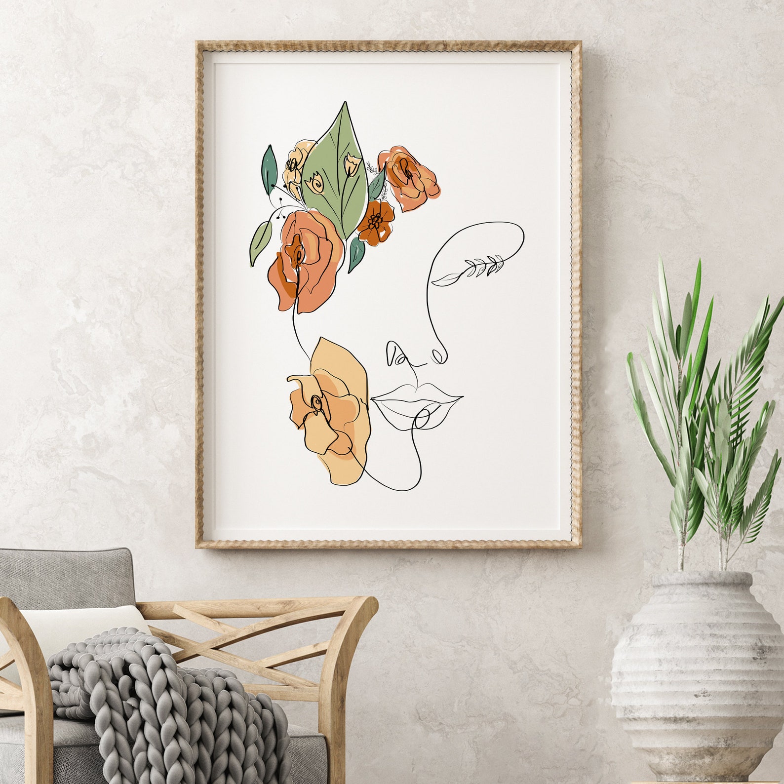 Woman Face With Flowers Line Art Print, Flowers Woman Face Line Draw ...