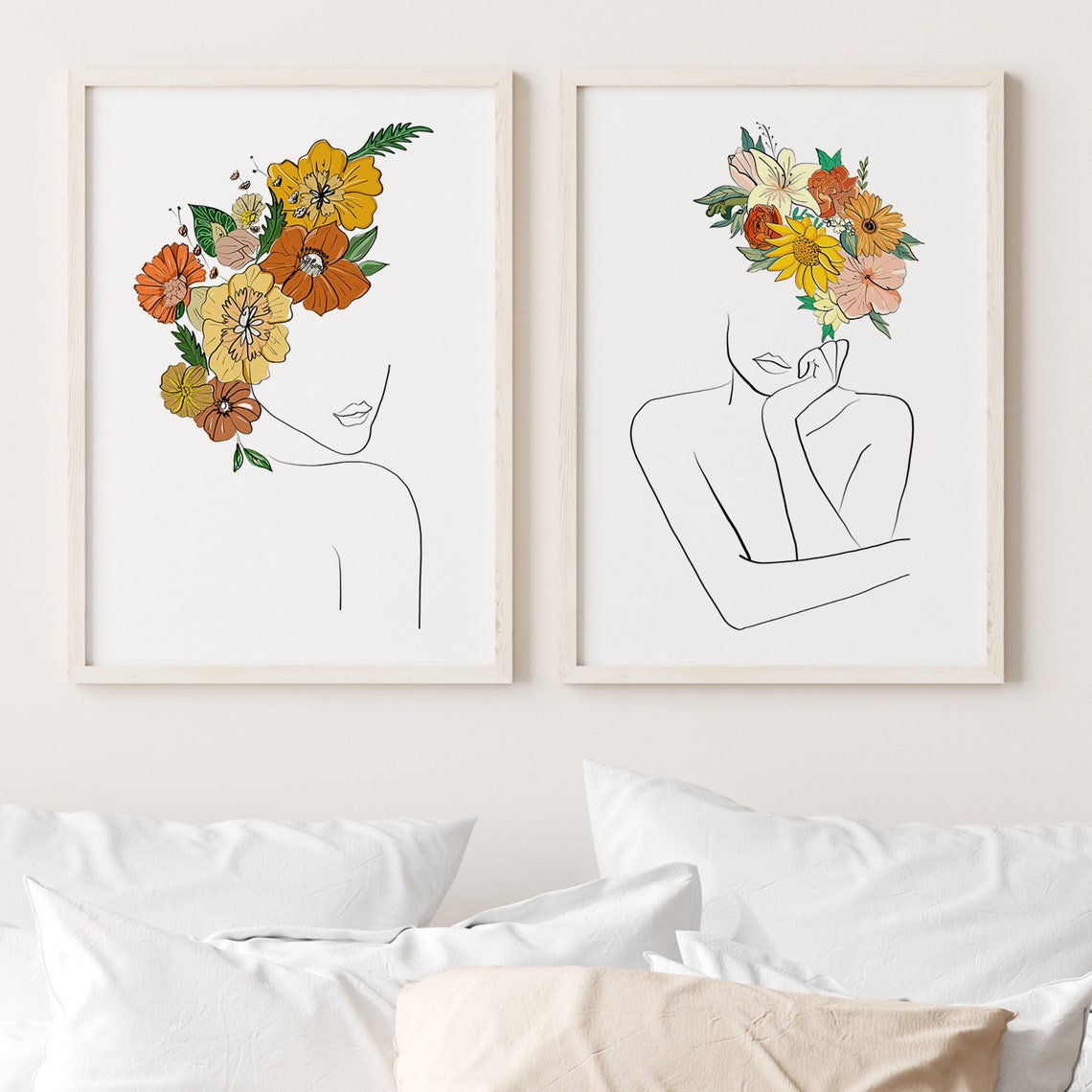 Flower Head Woman Art Poster Set Colorful Flower Woman Line | Etsy