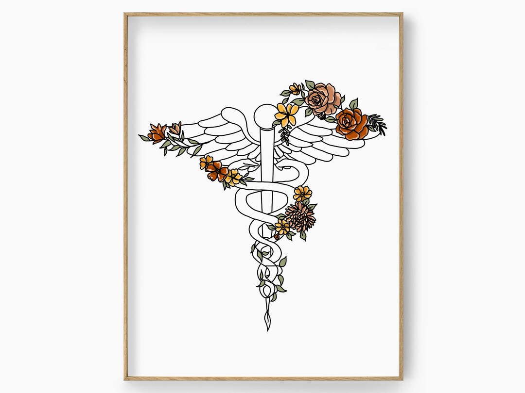 Floral Caduceus Symbol Art Print, Doctor Office Wall Decor, Medical ...