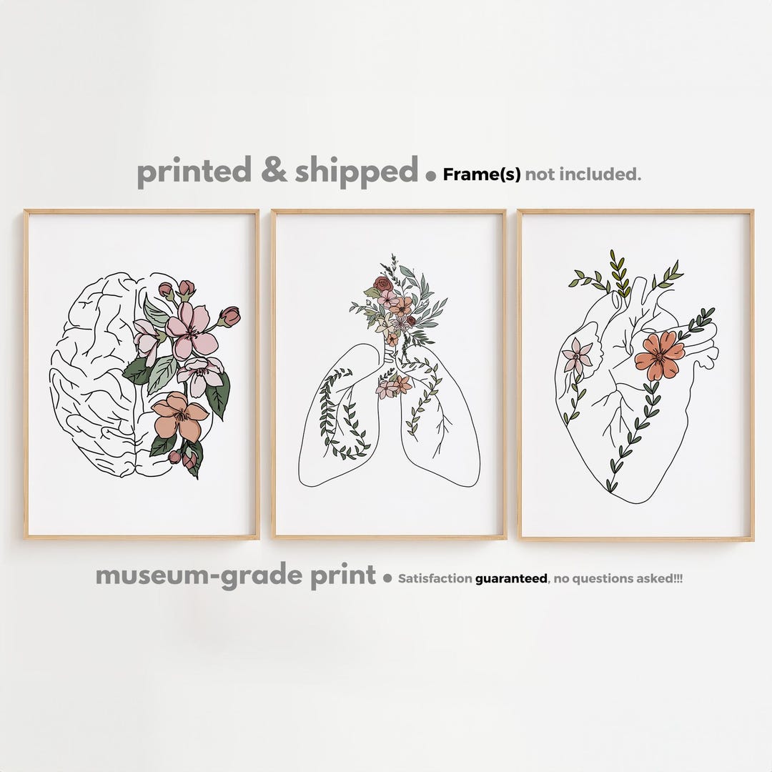 Floral Anatomy Art Print Set of 3: Brain, Lungs, Heart Medical Posters ...