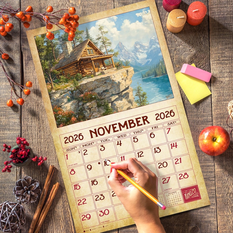 2026 Vintage Log Cabin Wall Calendar 16-month X-large Size 14x22, Retro ...