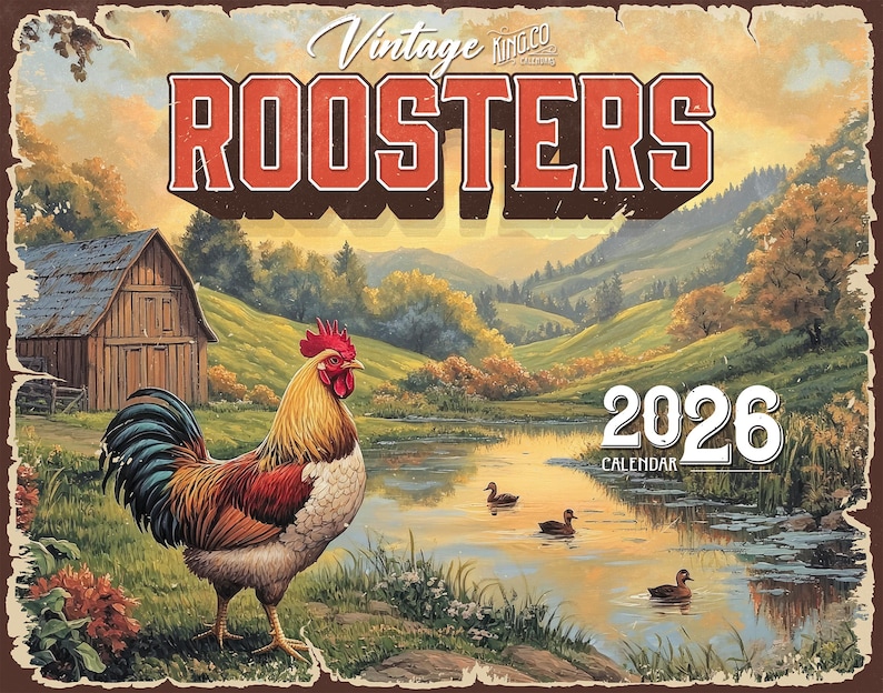 2026 Vintage Roosters Wall Calendar 16-month X-large Size 14x22, Retro ...
