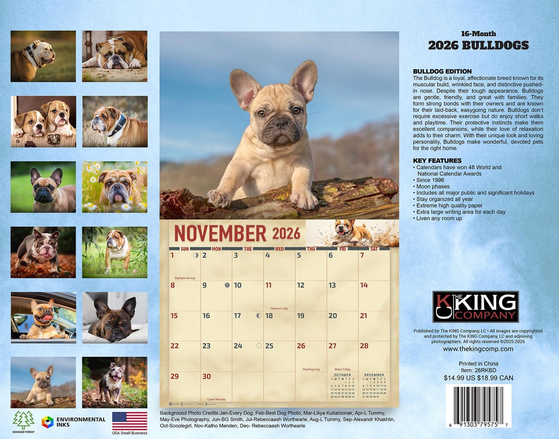 2026 Bulldogs Wall Calendar 16-month X-large Size 14x22, Dog Calendar ...
