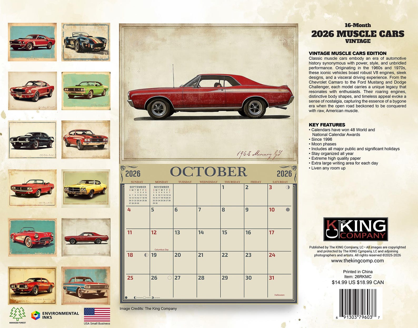 2026 Muscle Cars Wall Calendar 16-month X-large Size 14x22, Illustrated ...