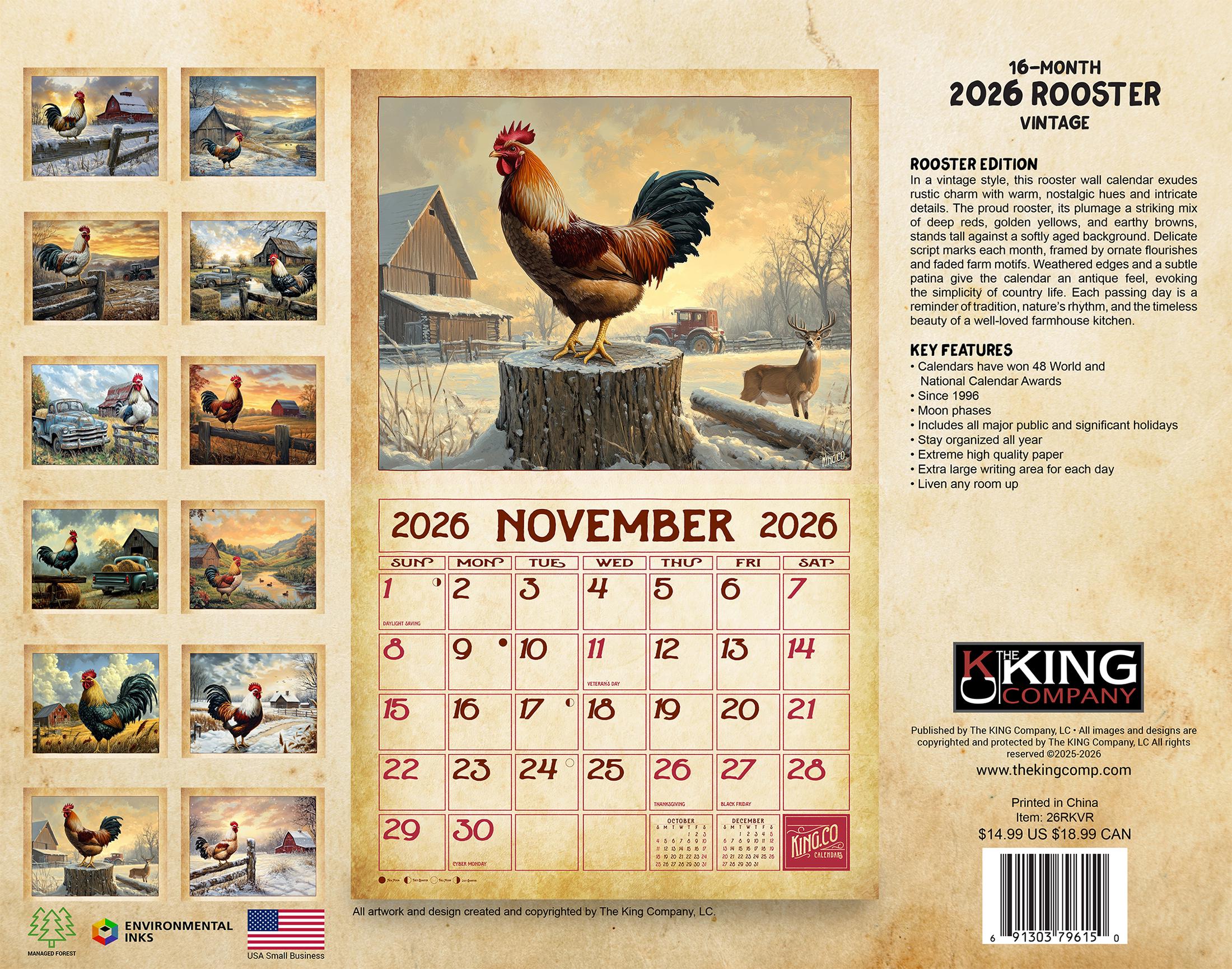 2026 Vintage Roosters Wall Calendar 16-month X-large Size 14x22, Retro ...