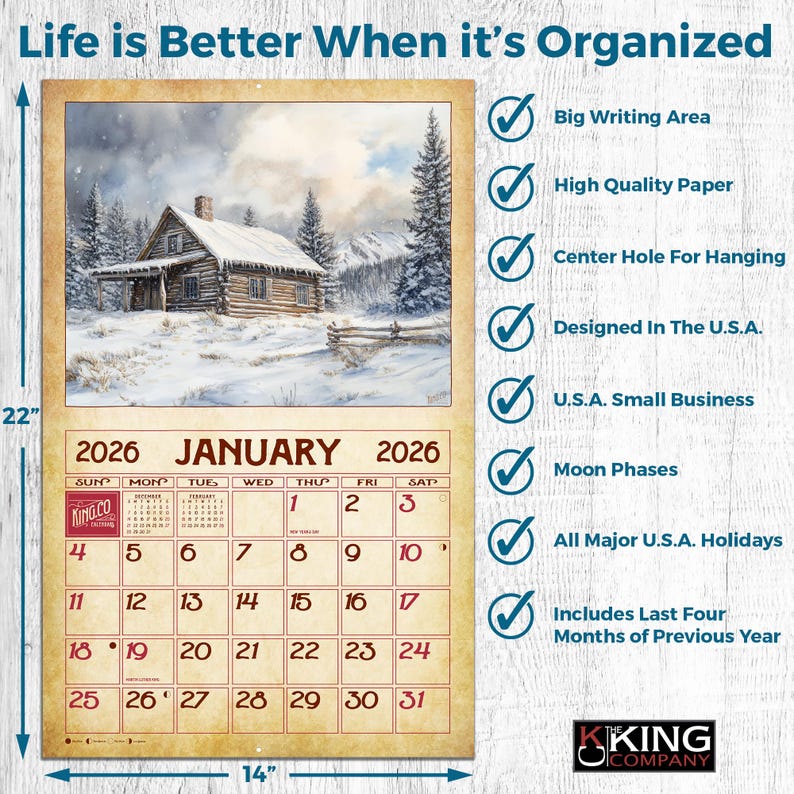 2026 Vintage Log Cabin Wall Calendar 16-month X-large Size 14x22, Retro ...