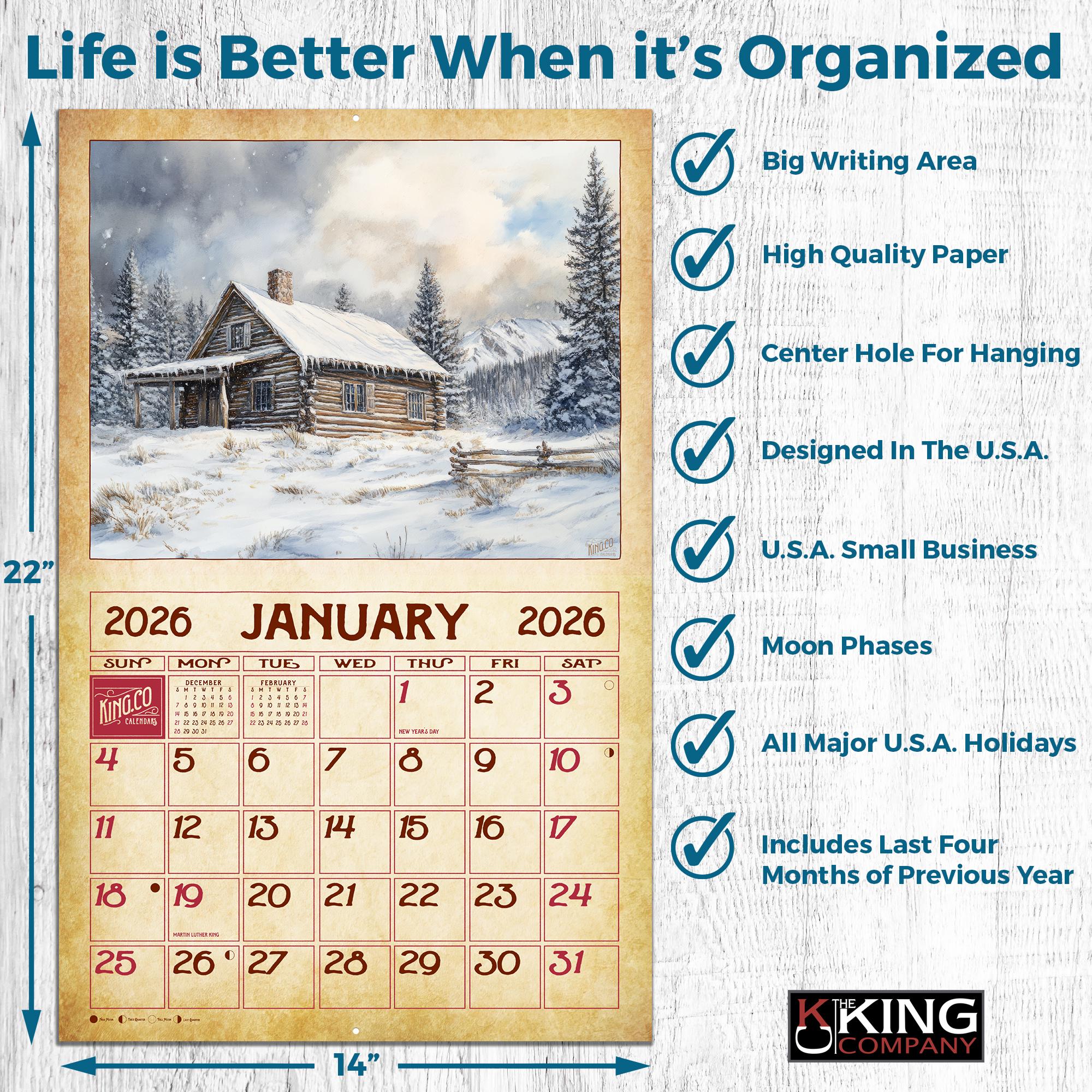 2026 Vintage Log Cabin Wall Calendar 16-month X-large Size 14x22, Retro ...