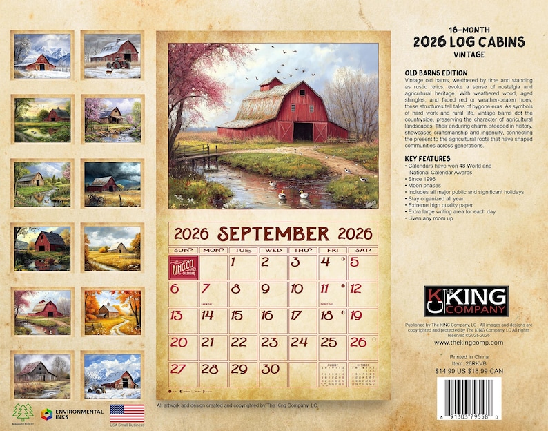 2026 Vintage Old Barns Wall Calendar 16-month X-large Size 14x22, Retro ...