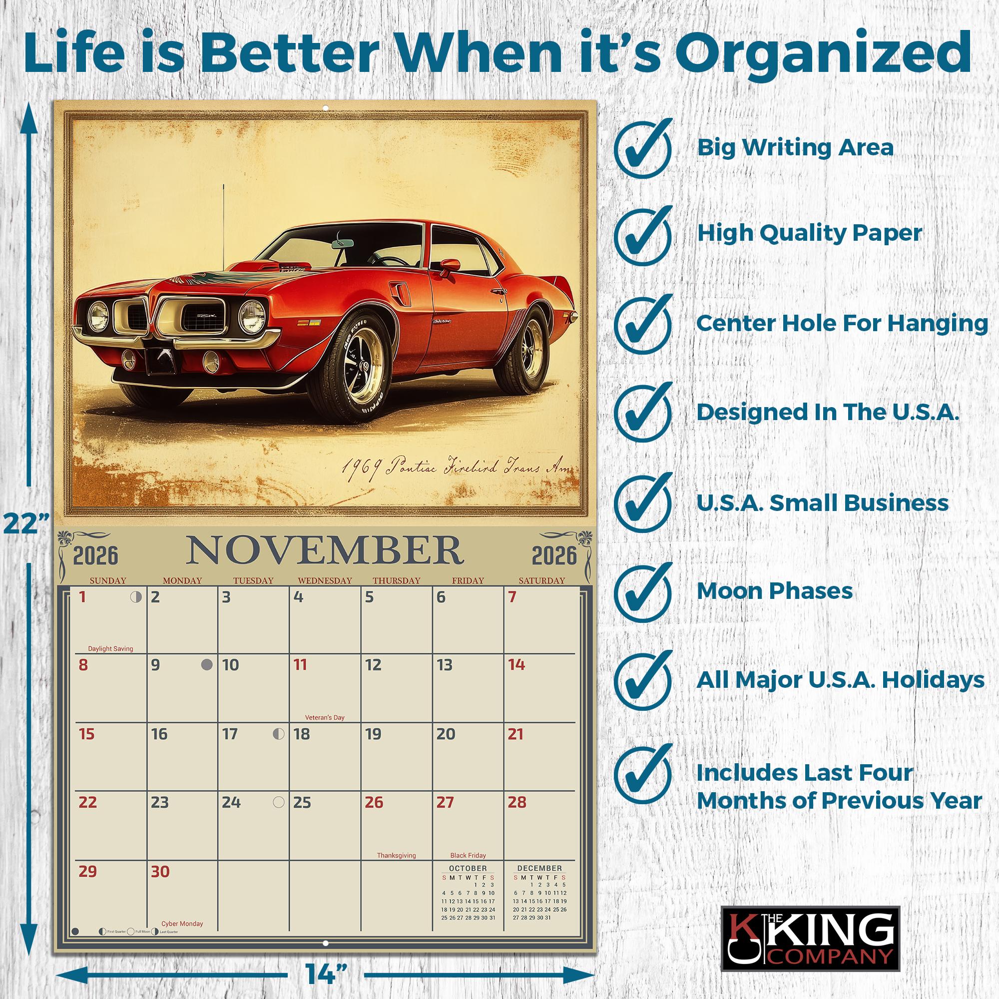 2026 Muscle Cars Wall Calendar 16-month X-large Size 14x22, Illustrated ...