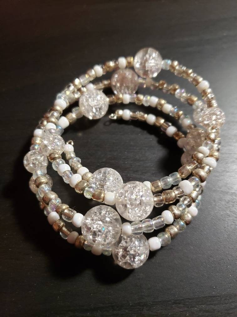 White, Silver, and Clear Wire Wrap Glass Bead Bracelet - Etsy