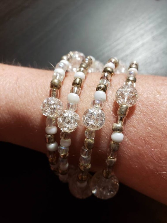 White Silver and Clear Wire Wrap Glass Bead Bracelet | Etsy
