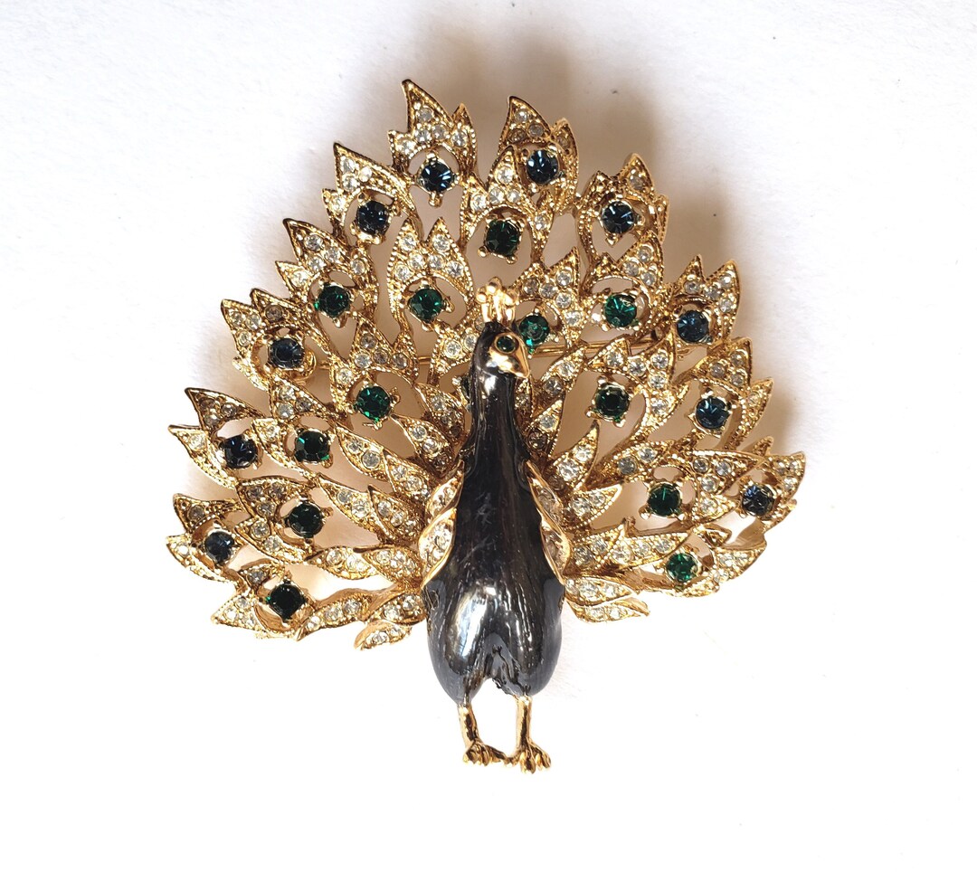 Rhinestone and Enamel Peacock Brooch Pin - Etsy