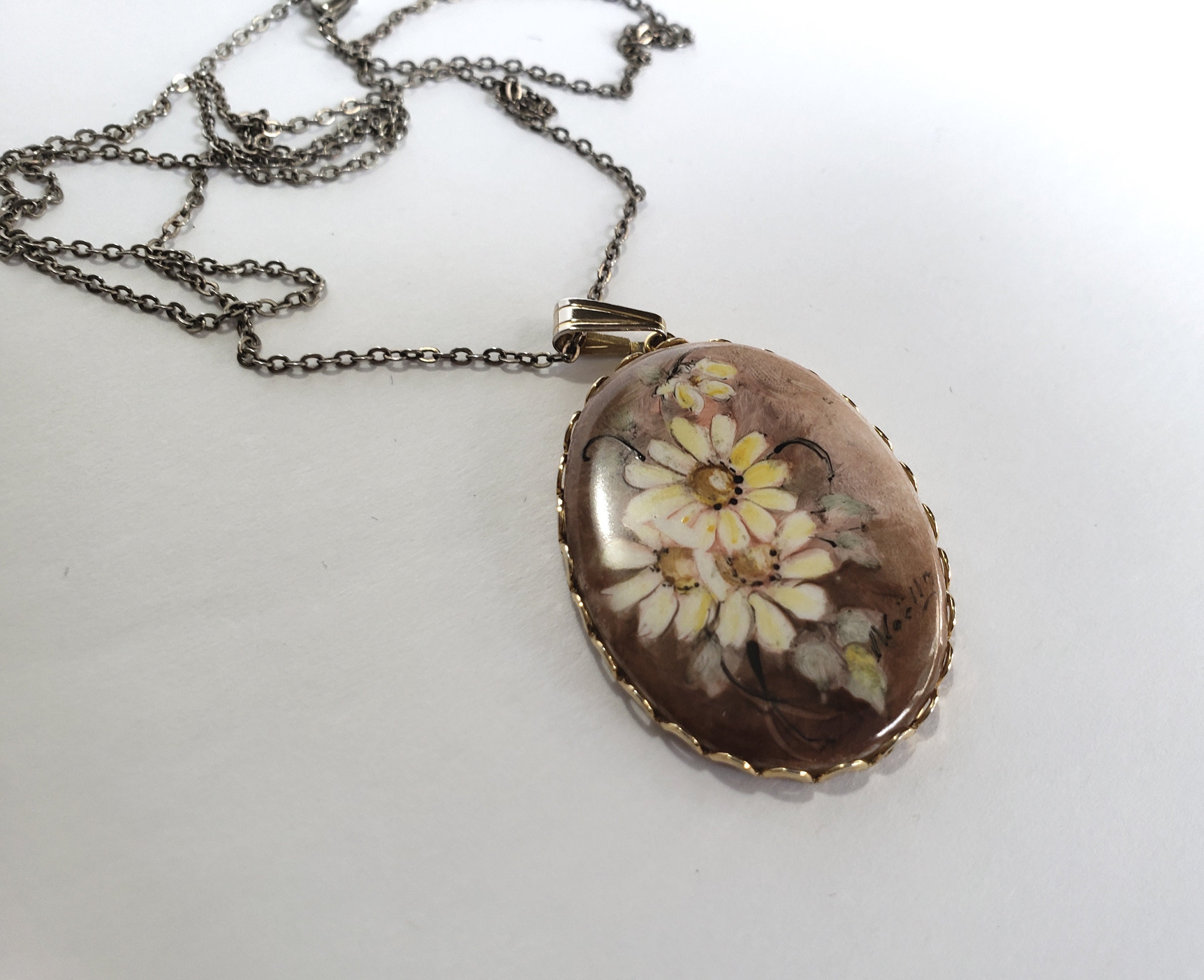 Vintage Hand Painted Porcelain Floral Oval Pendant Necklace - Etsy