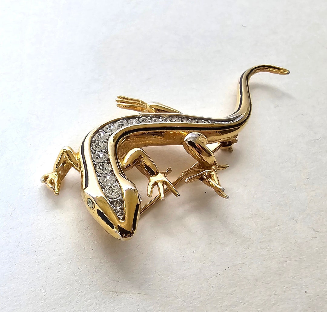 Gold and Clear Rhinestone Lizard Brooch Pin - Etsy