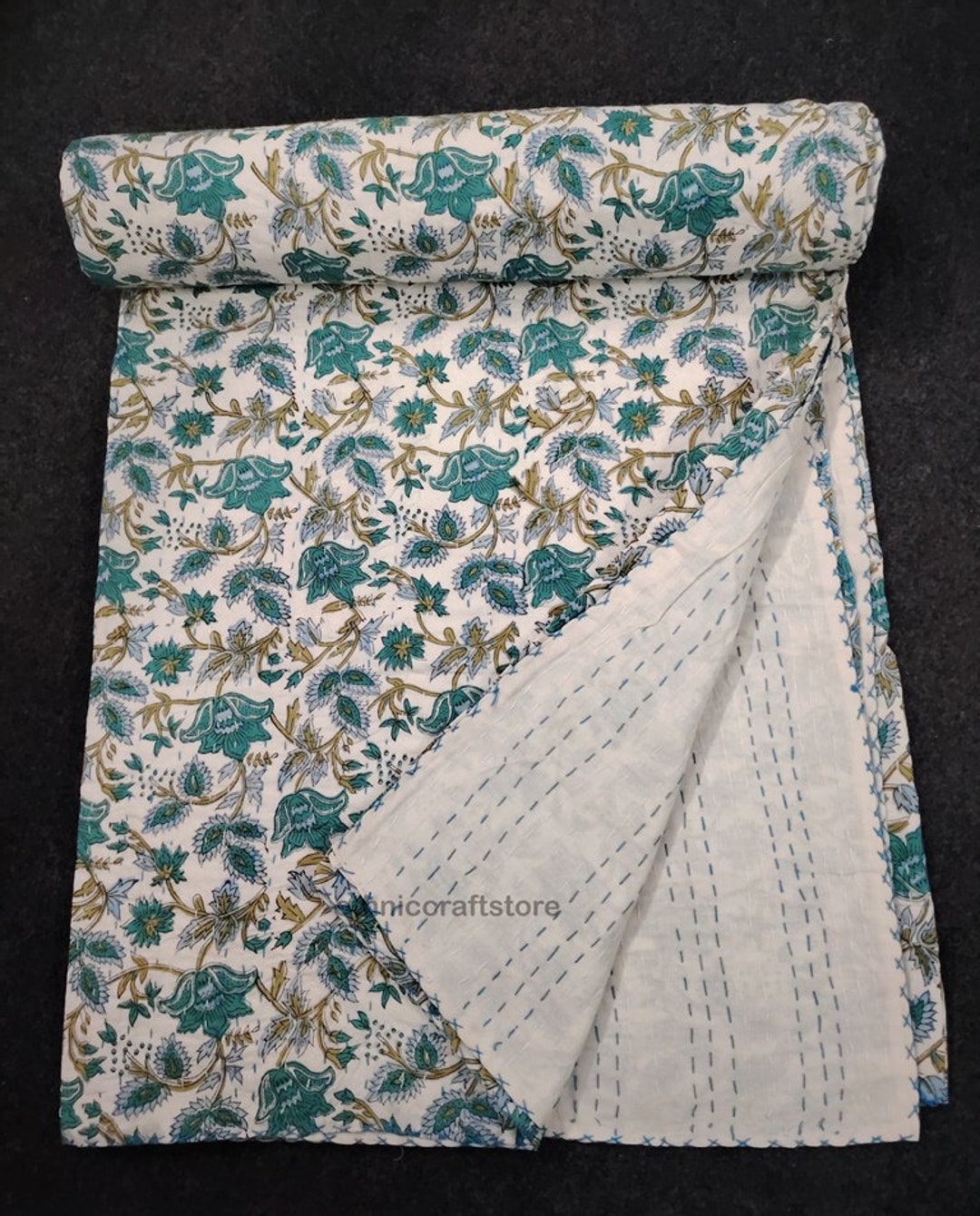 Kantha Quilt Indian Hand Block Print Reversible Quilted Kantha Bohemian ...