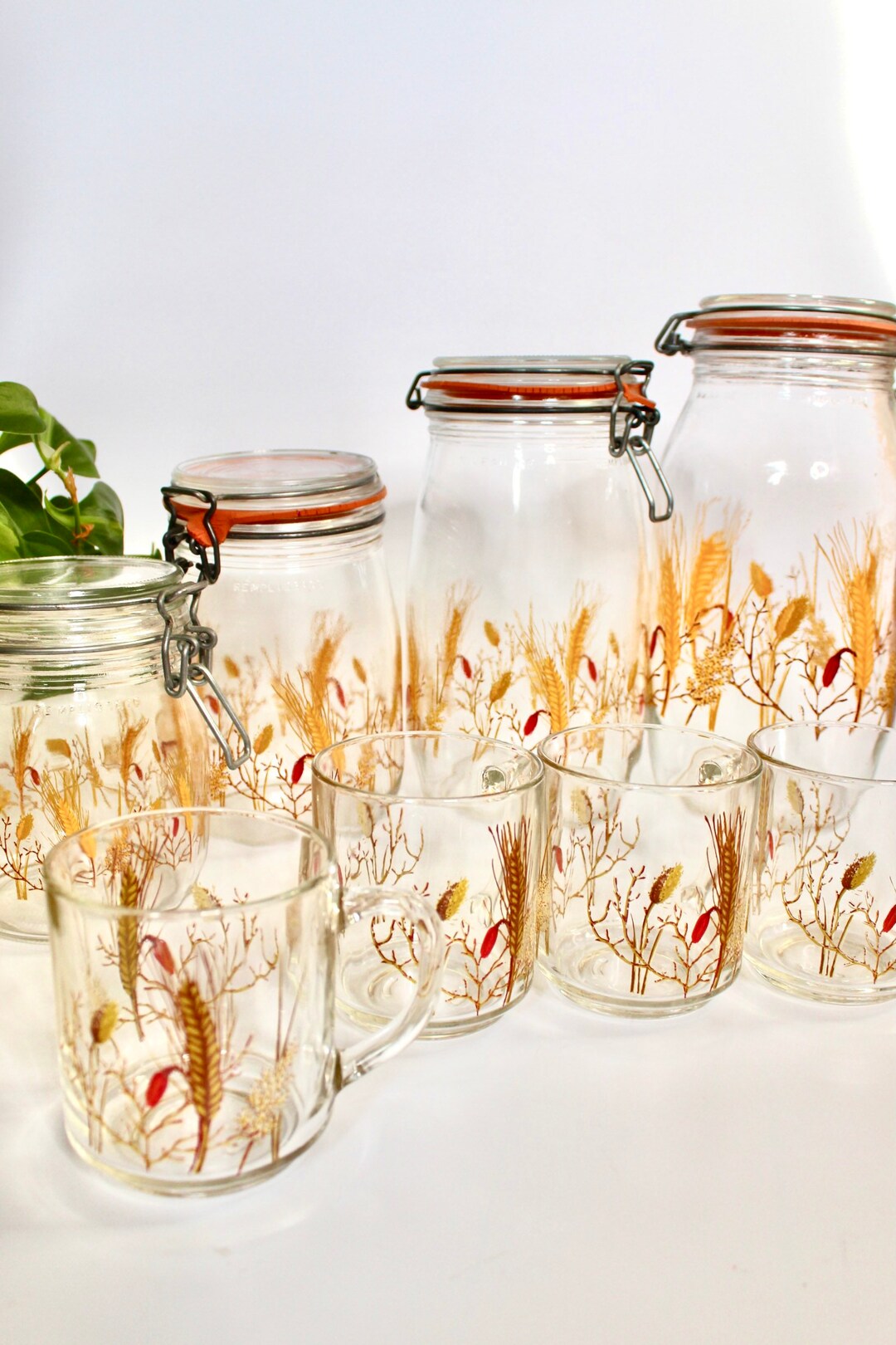 Vintage Arc Glass Canisters W Luminarc Mugs Made in France Rare Wheat ...