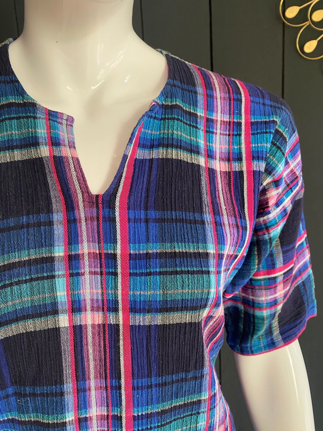 Vintage 80s Hand-sewn Tunic With Short Sleeves Madras Pattern, Size 38 ...