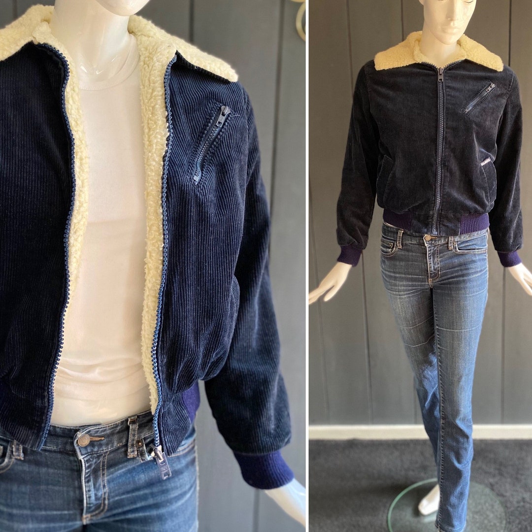 Vintage 80s Teddy/aviator Style Jacket in Navy Blue Corduroy With Vegan ...