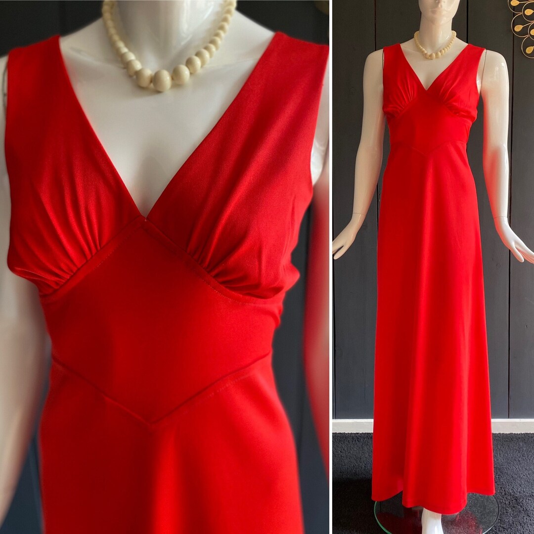 Vintage 70s Bright Red Evening Dress With Plunging Neckline and Diamond ...