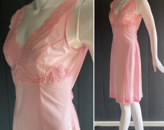 Vintage Satin Slip Dress in White With Floral Lace Trim • Adjustable Straps • Nylon • Scalloped ...