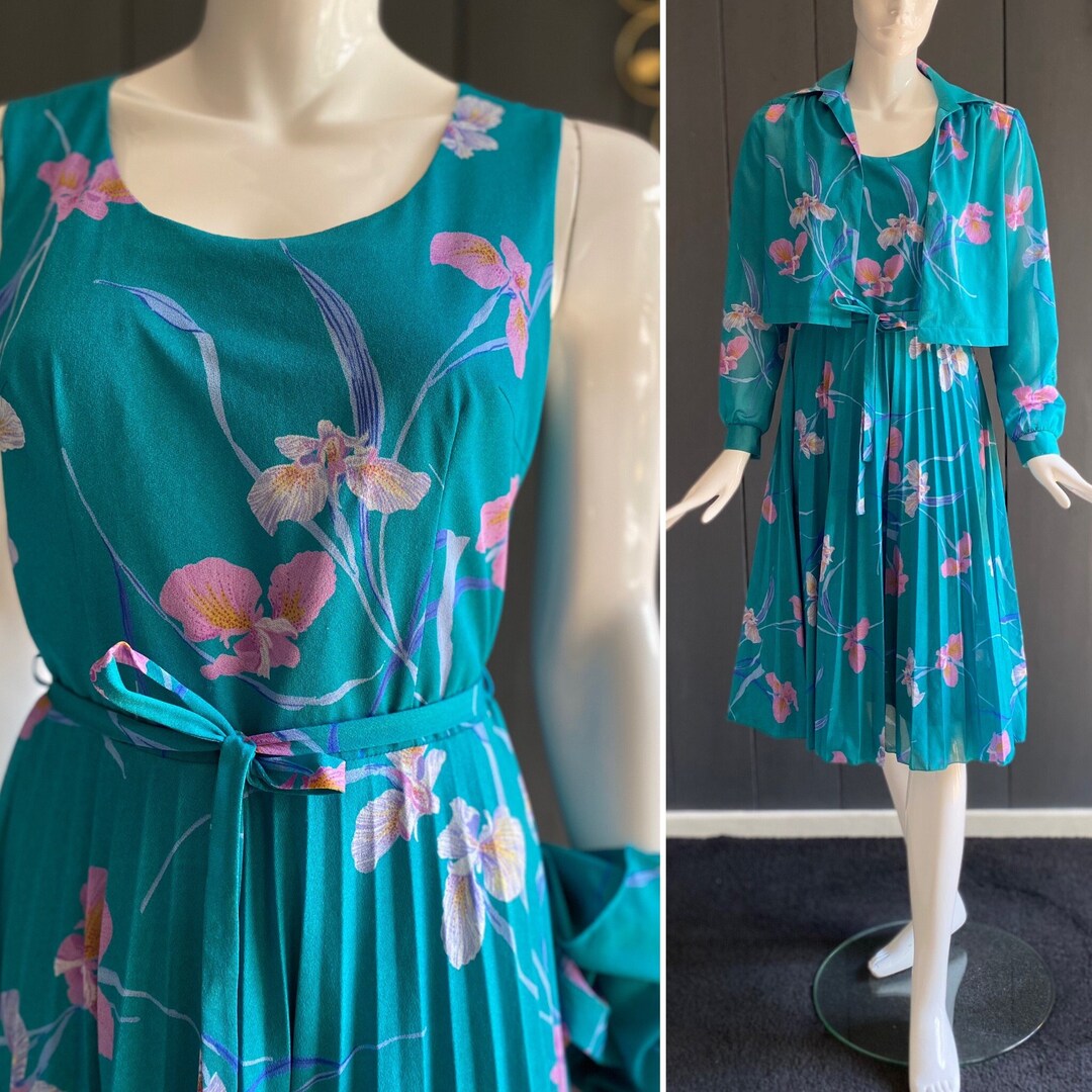 Elegant Vintage 80s Dress + Bolero Set in Turquoise Color With Lily ...