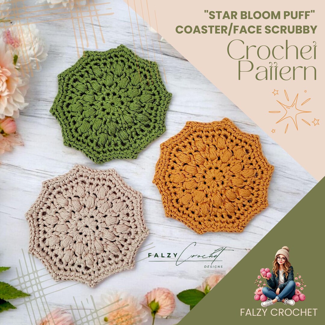 Star Bloom Puff Coaster/face Scrubby Crochet Pattern, Coasters, Face ...