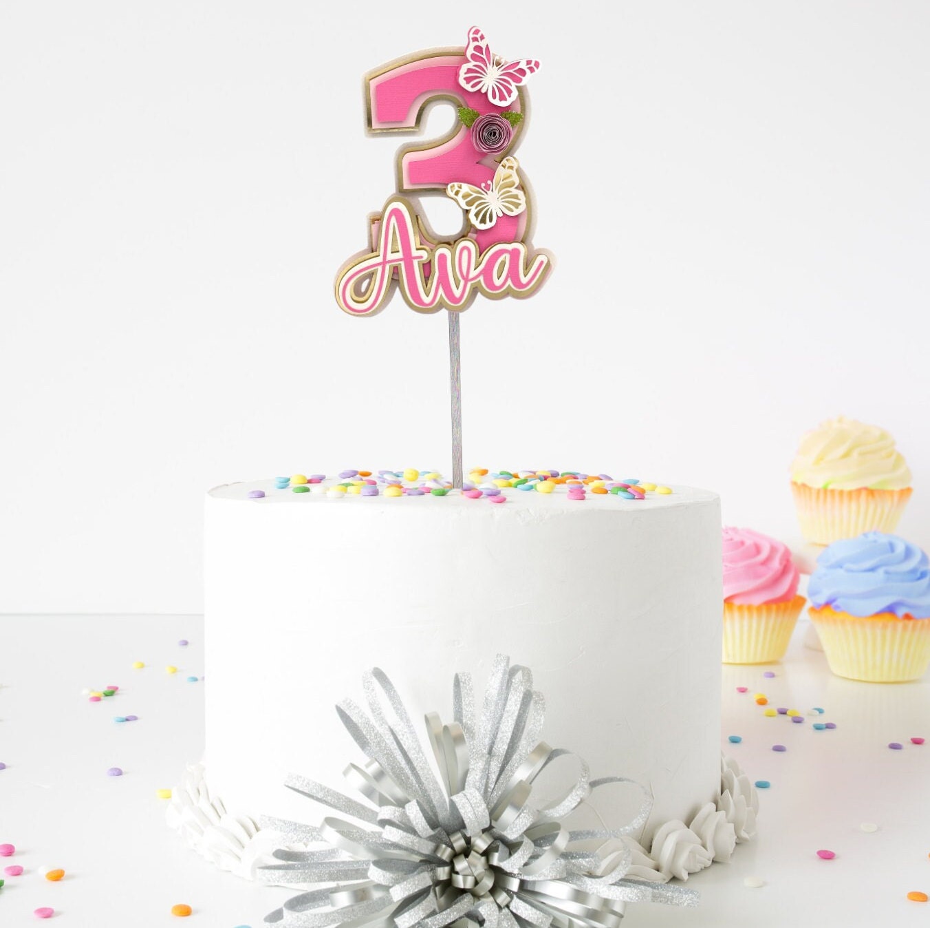 Floral Butterfly 3D Number Cake Topper: Custom Name & Age - Etsy