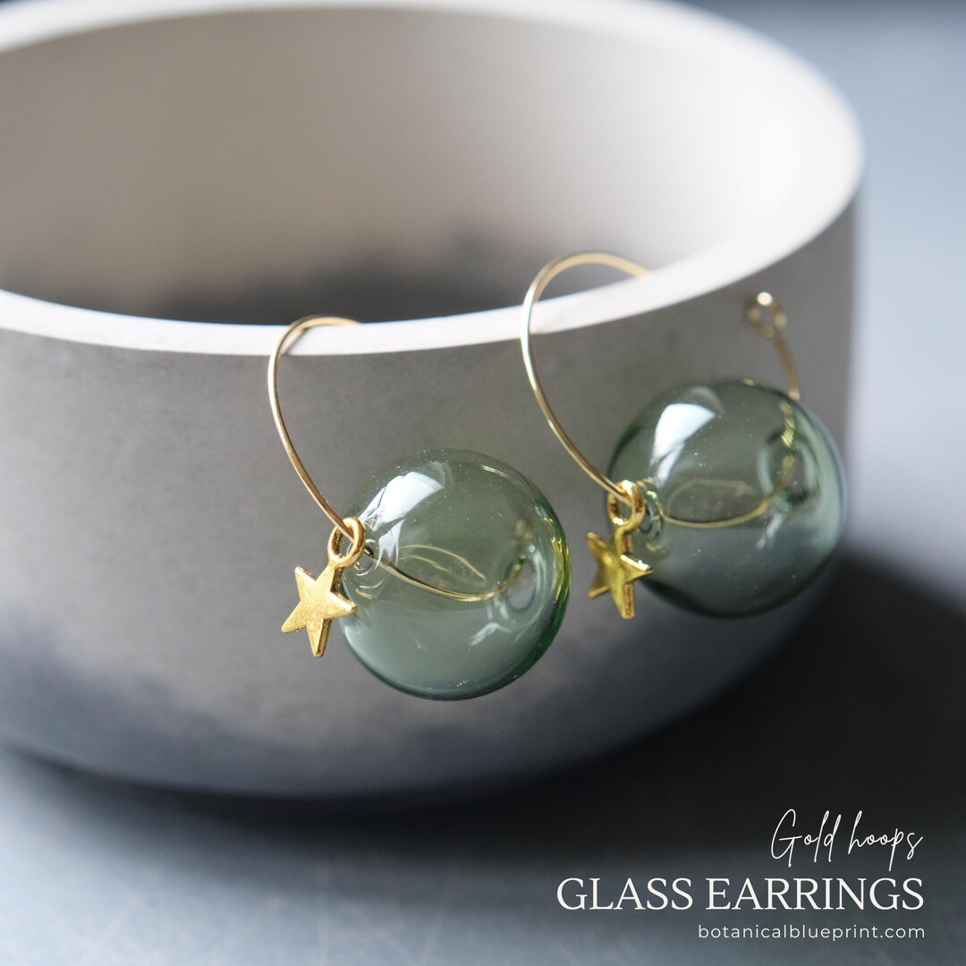 Green Glass Hoop Earrings, Handmade Minimalist Bubble Earrings, Glass ...