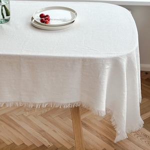 Raw Edge Washed Linen Tablecloth in off White/optic White/ With Fringes ...