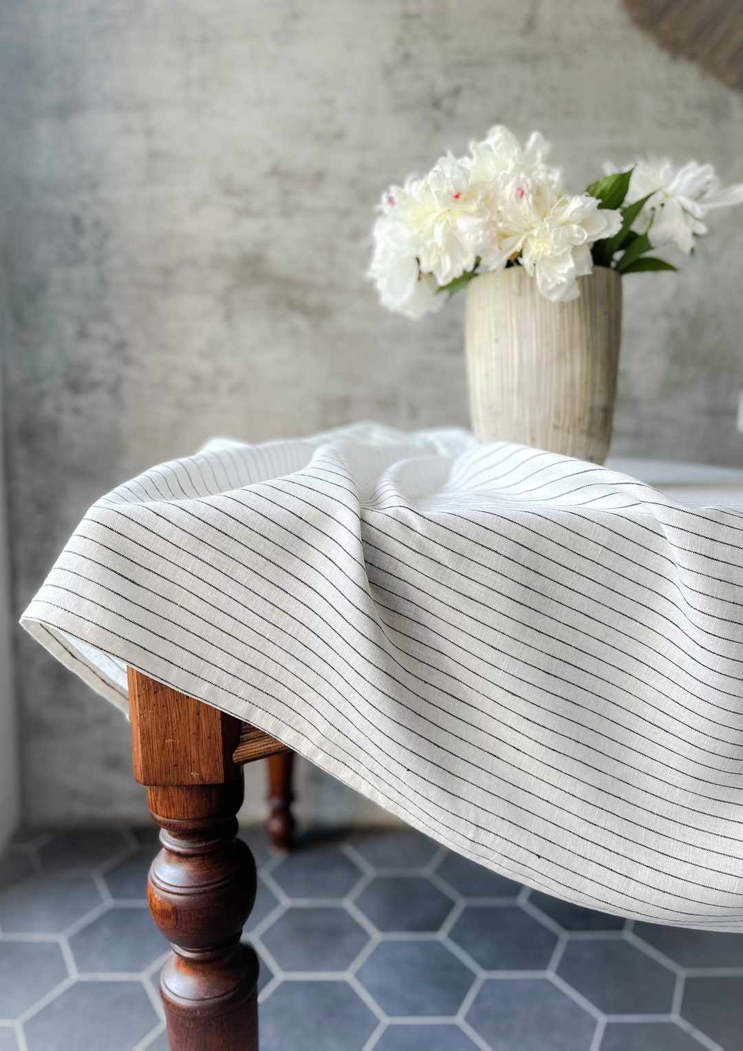 Stonewashed Linen Tablecloth in off White With Minimalistic Black ...