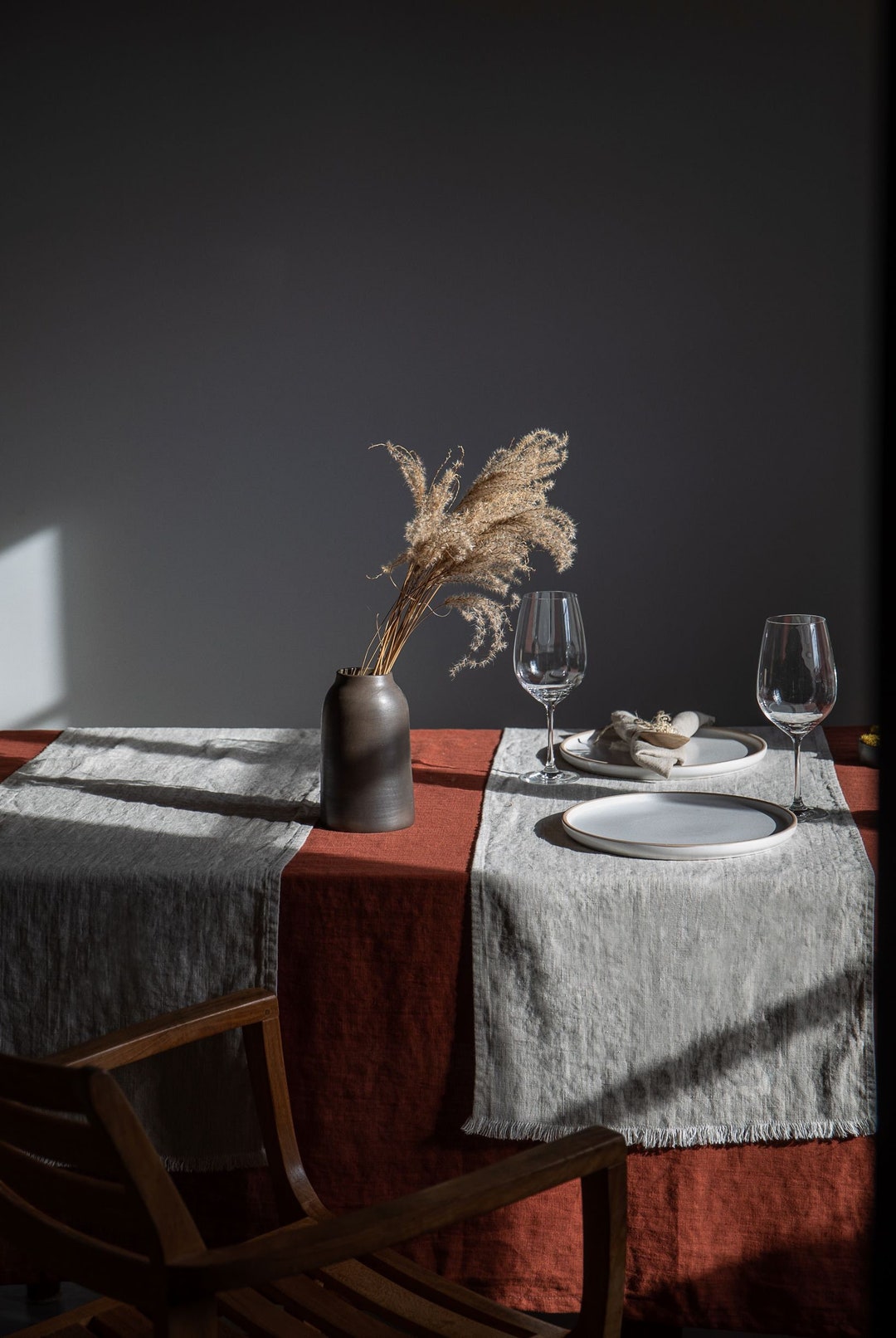 Softened Linen Table Runner With Fringes in Light Gray Melange/washed ...