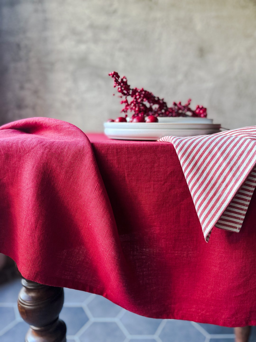 Stonewashed Linen Tableclothin Christmas Red/ruby Red Festive Linen ...
