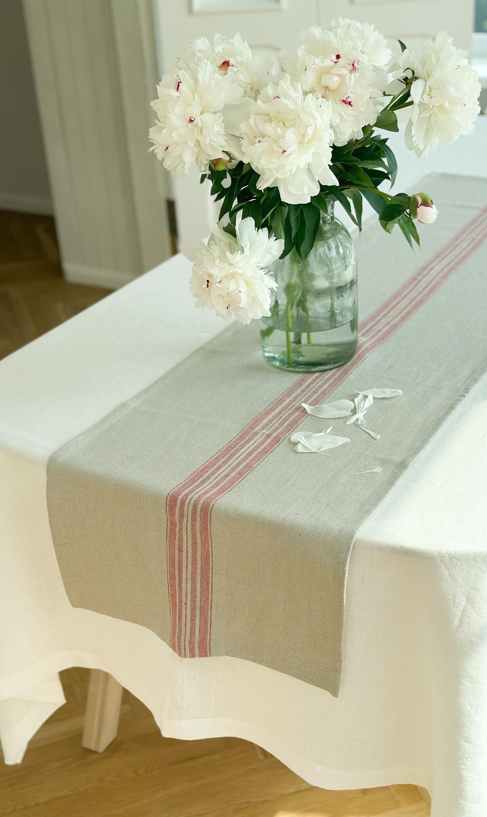 Heavyweight Linen Table Runner in Rustic Black, Blue and Red Stripes ...