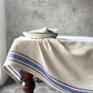 Rustic Natural Linen Tablecloth in Blue,black, Green and Red Stripes ...
