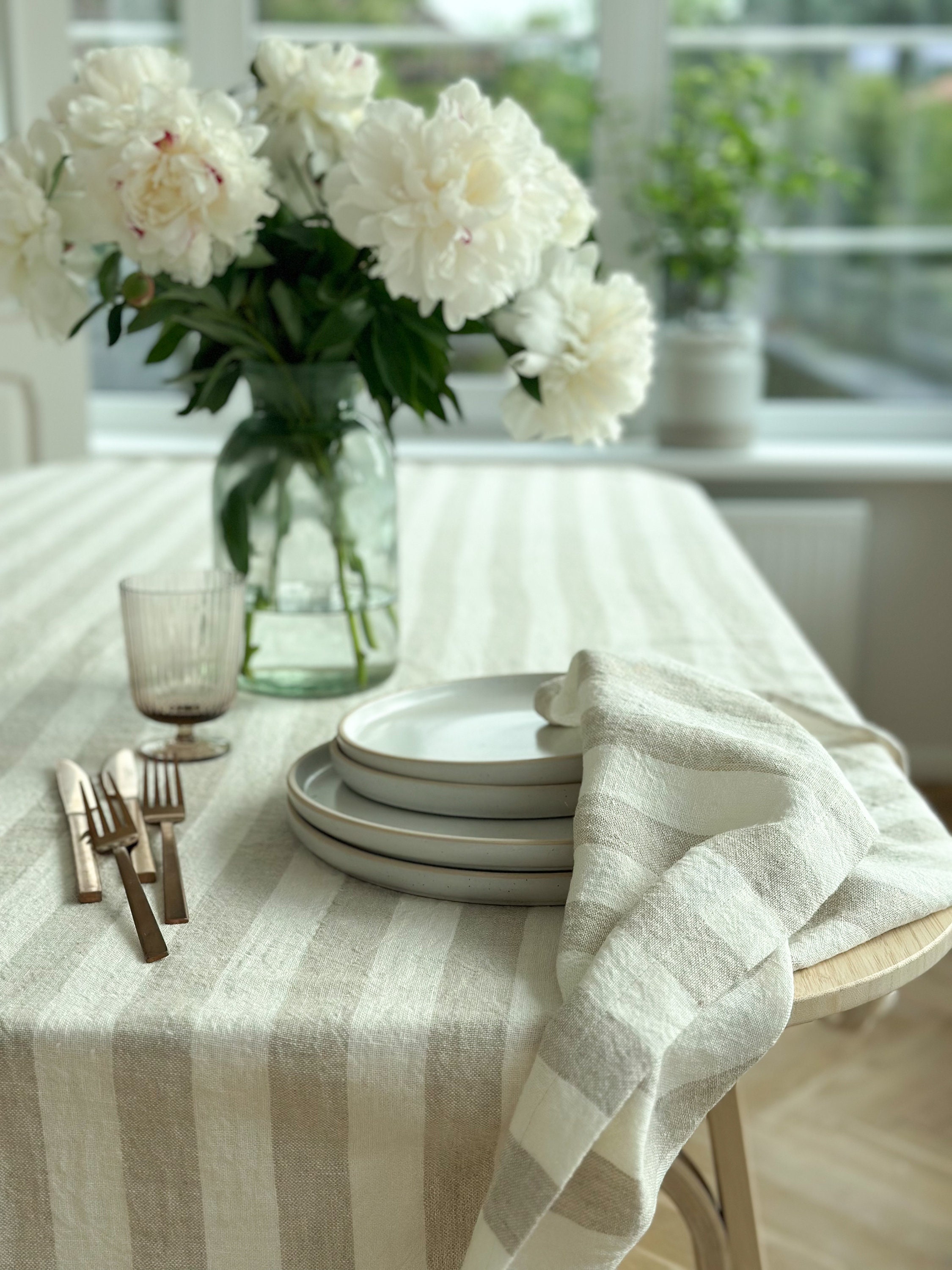 Washed Heavyweight Linen Tablecloth in Sand/ White Thick Stripes ...
