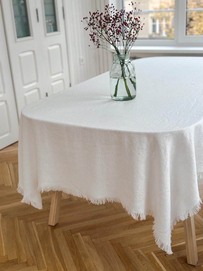 Raw Edge Washed Linen Tablecloth in off White/optic White/ With Fringes ...