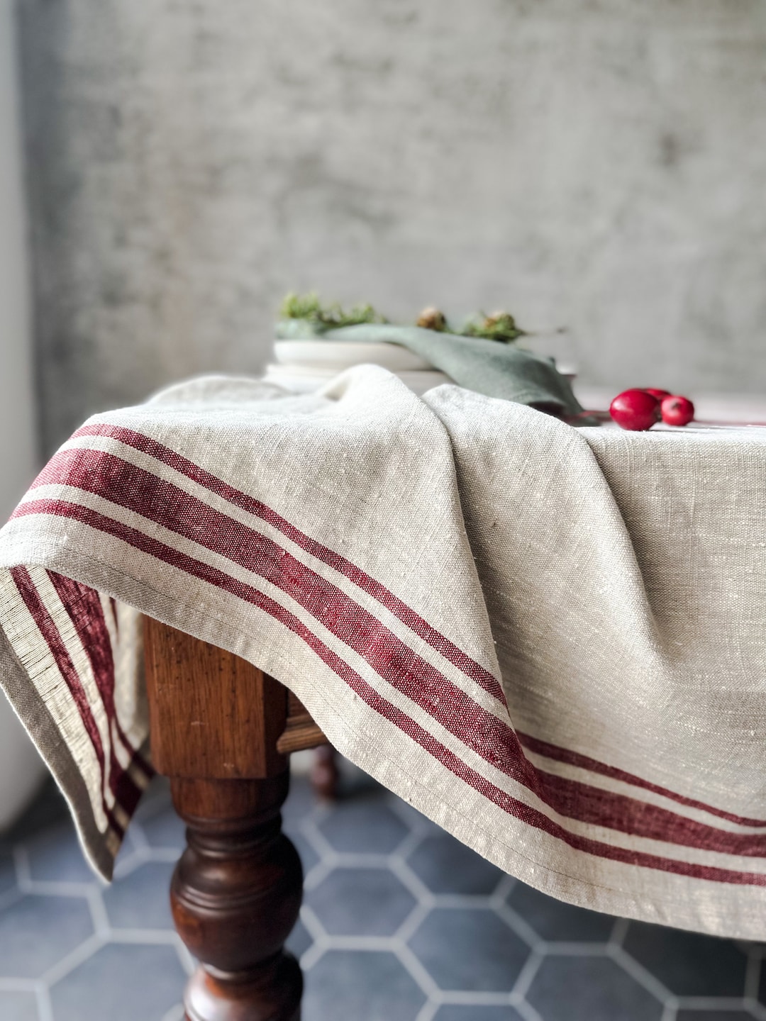 Rustic Natural Linen Tablecloth in Blue,black, Green and Red Stripes ...