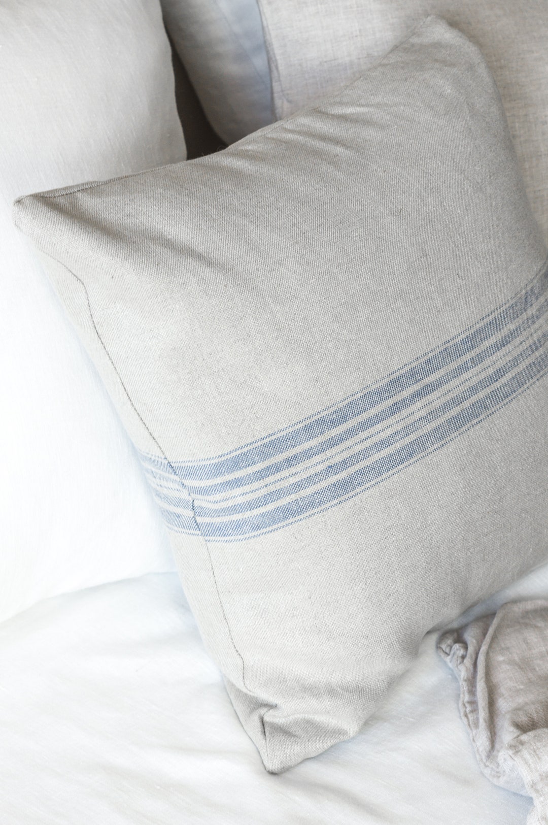 Rustic Linen Pillow Case With Blue Stripe/linen Throw Pillow Cover ...