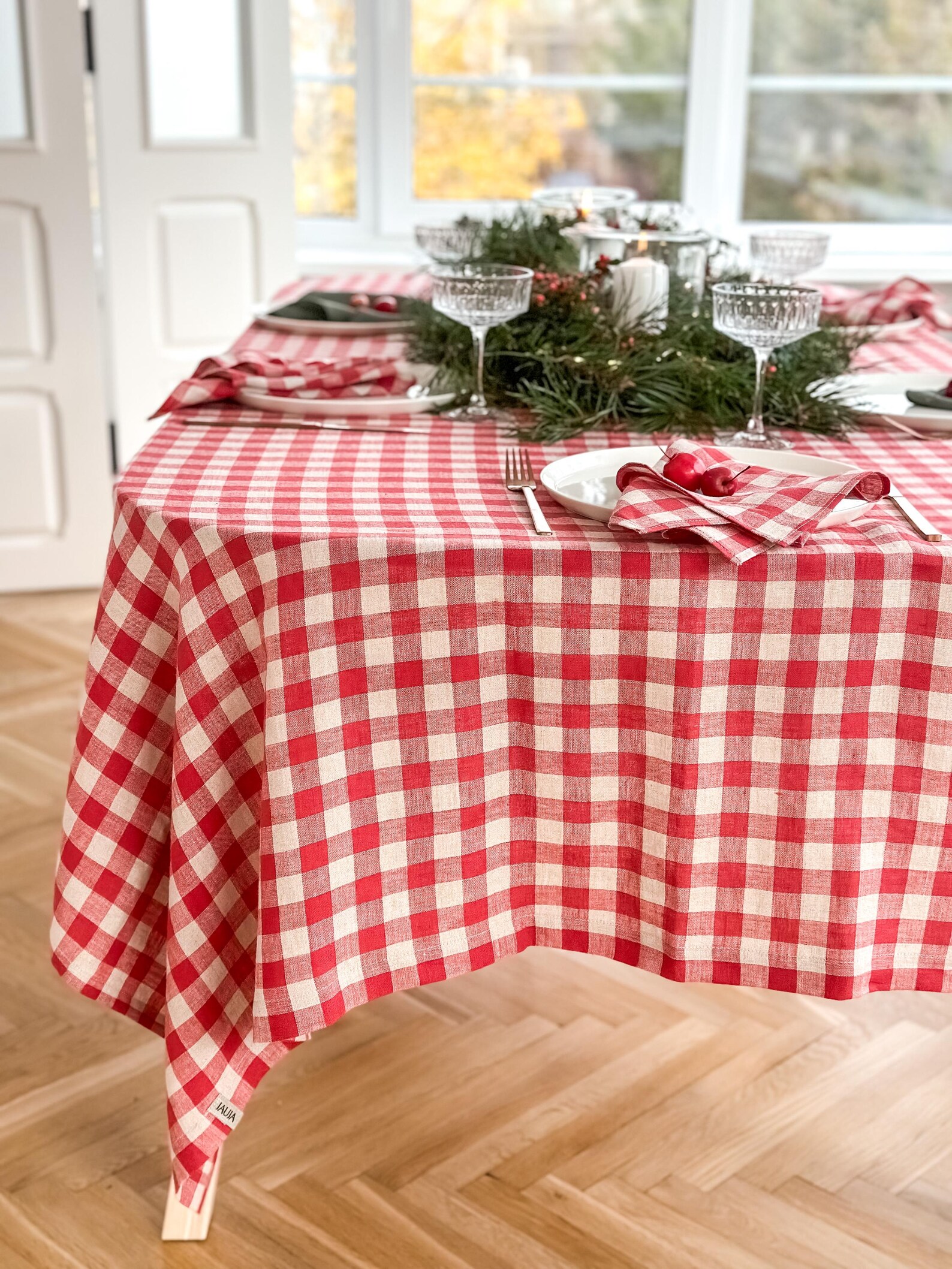 Checkered Linen Tablecloth in Red and Natural/grid Check Festive Dinner ...
