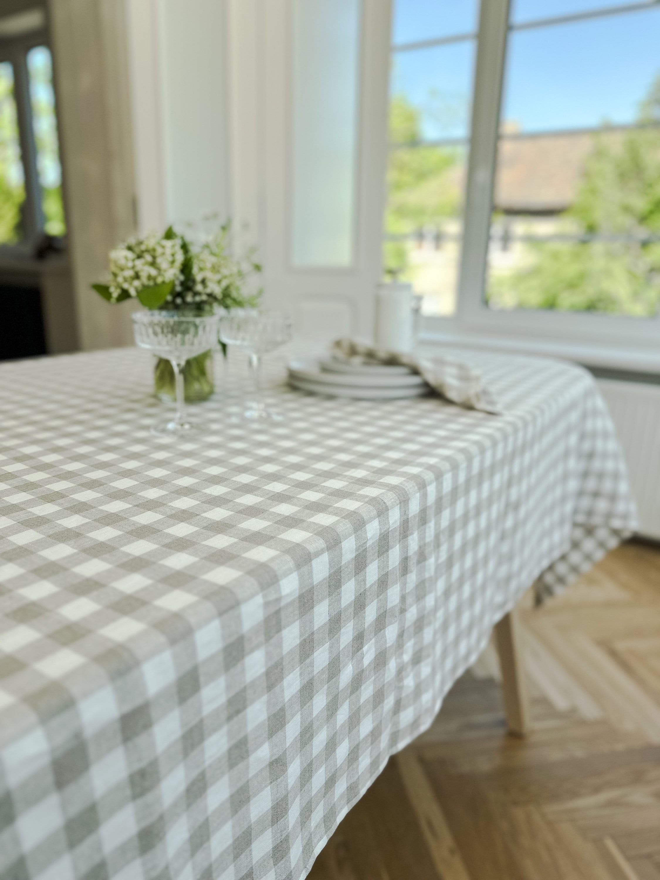 Checkered Washed Linen Tablecloth in Beige White/grid Check Farmhouse ...