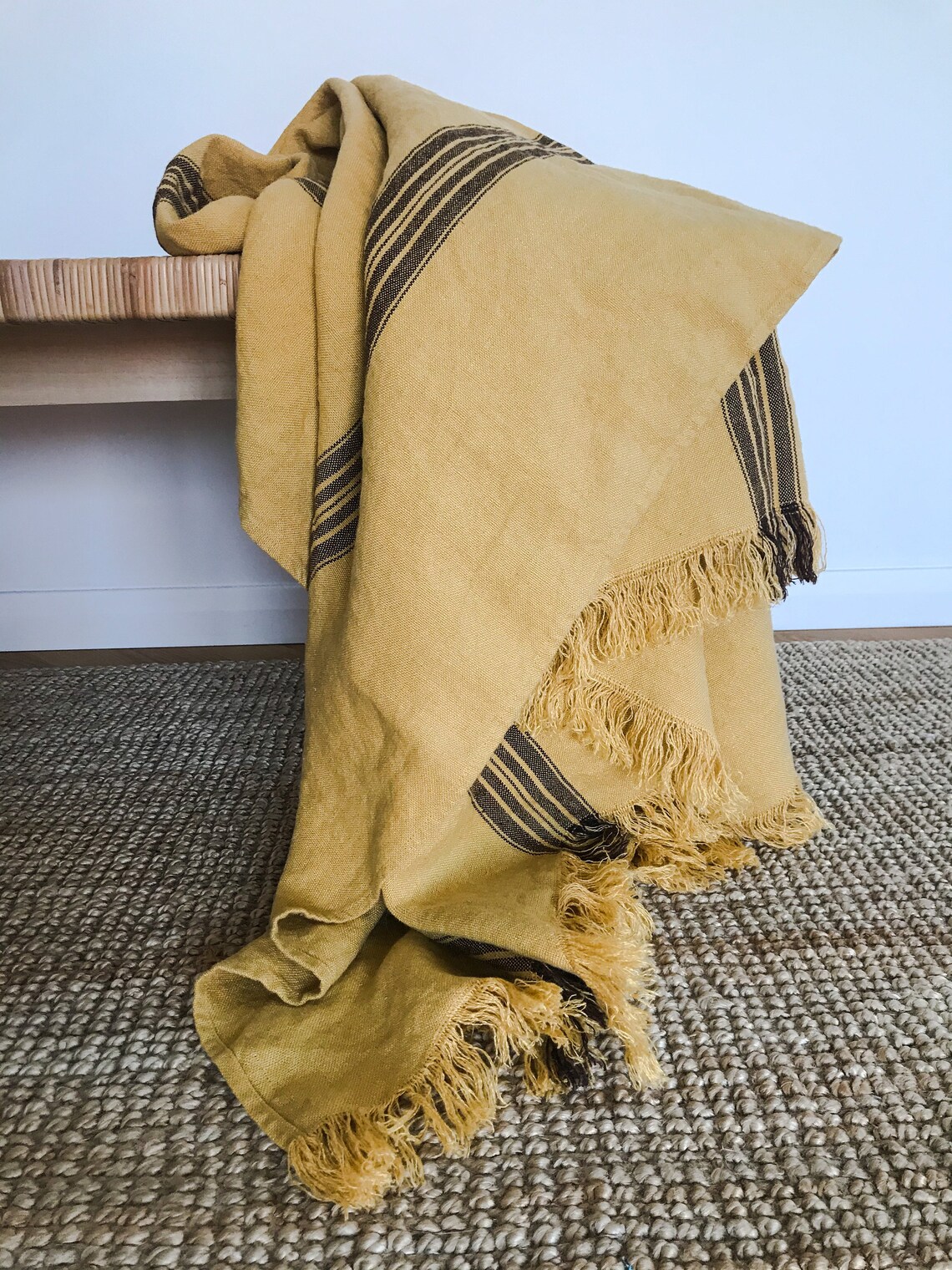 Rustic linen bed throw in dusty yellow and brown stripes/grain | Etsy